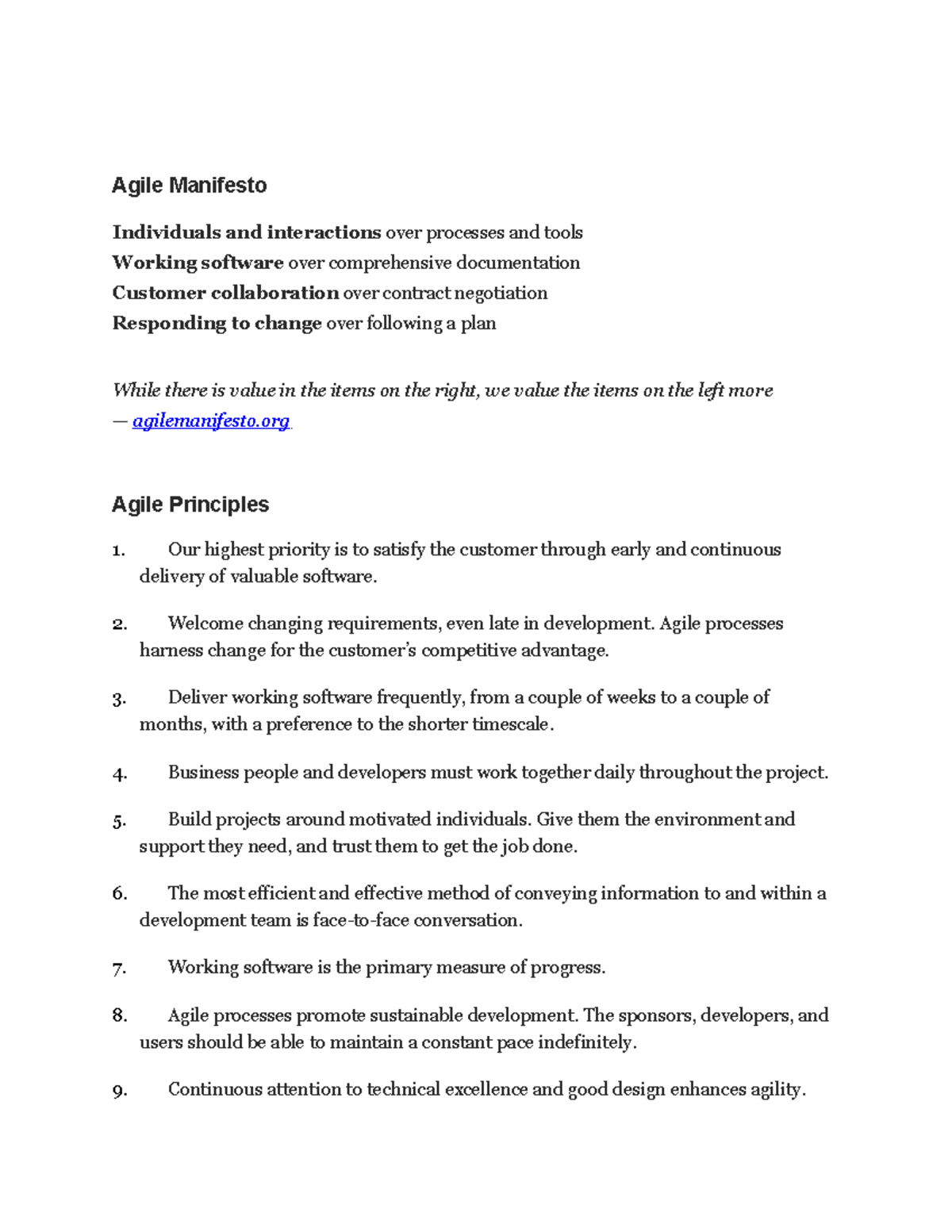 Class notes 1 agile - Agile Manifesto Individuals and interactions over ...