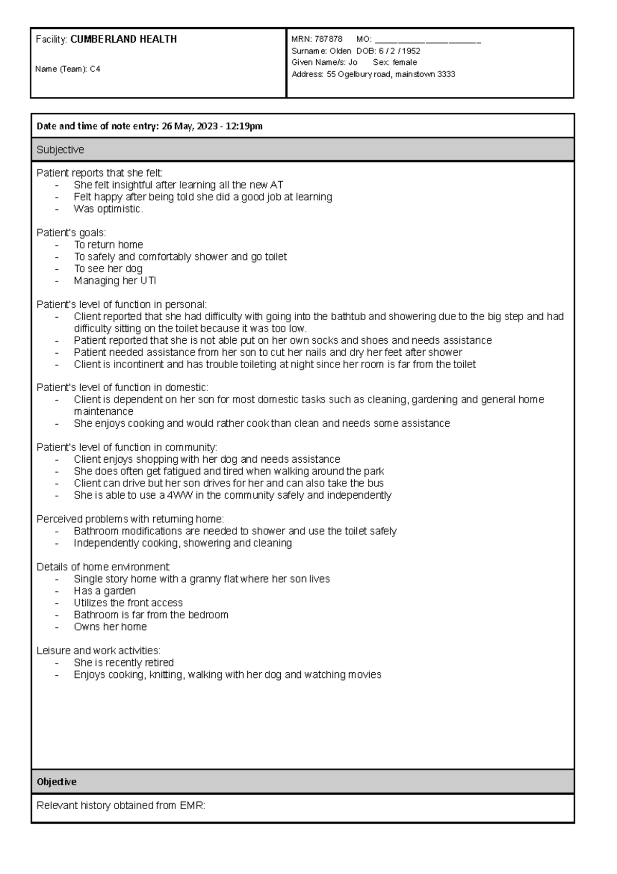 Wite up - notes for ot - Facility: CUMBERLAND HEALTH Name (Team): C MRN ...
