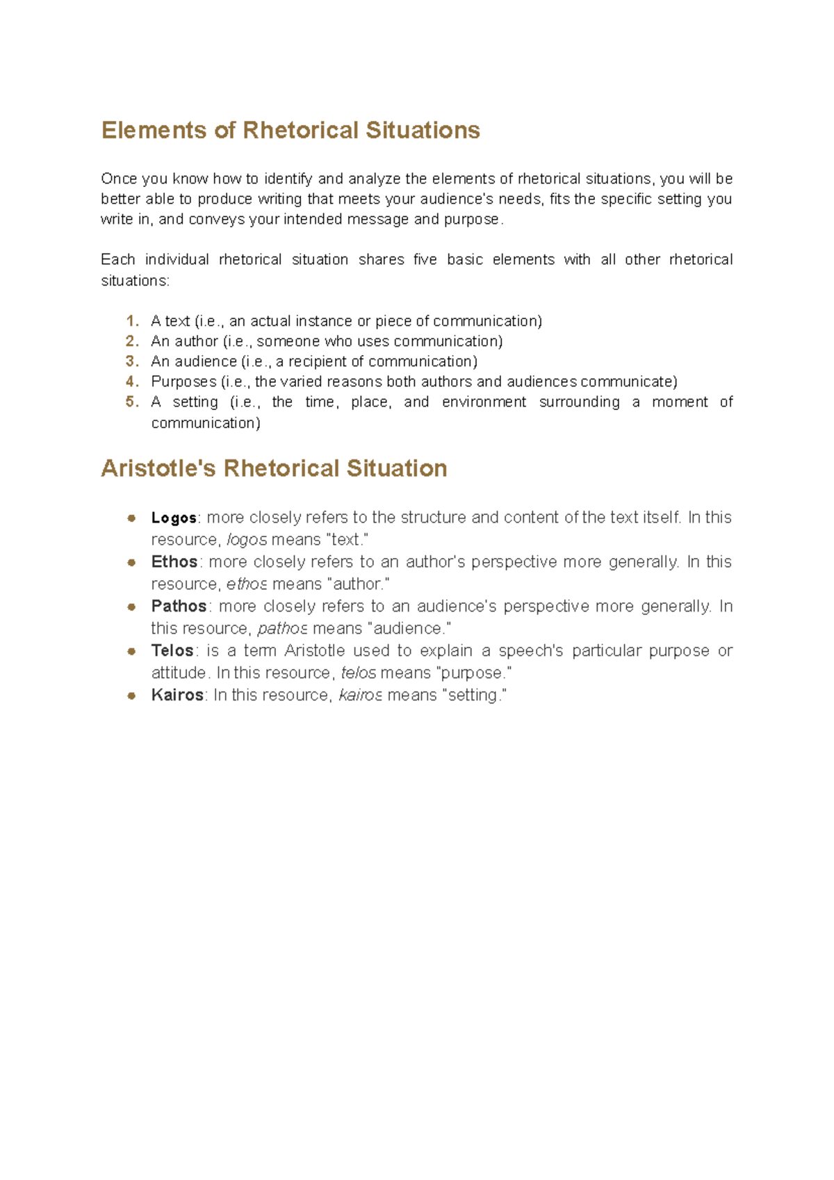 Elements of Rhetorical Situations - Each individual rhetorical ...