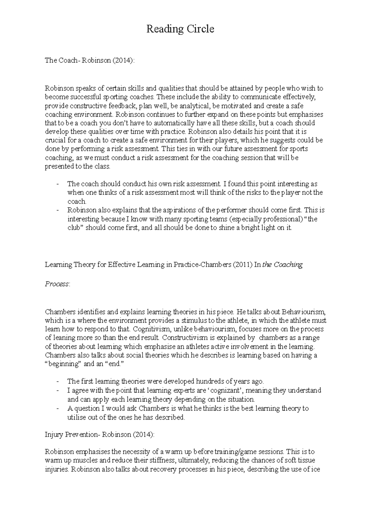 Reading circles - Reading Circle The Coach- Robinson (2014): Robinson ...