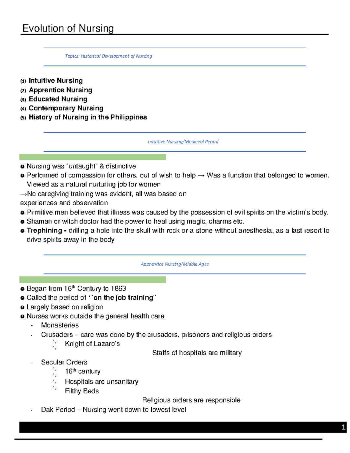 Evolution of Nursing - Topics: Historical Development of Nursing (1 ...