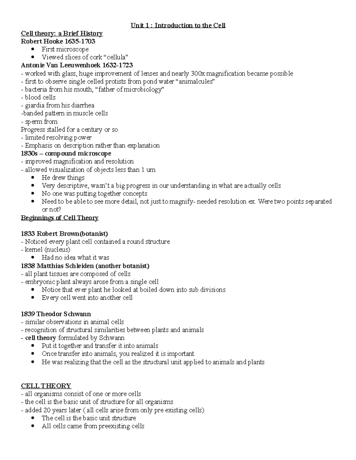 Unit 1 notes - Unit 1 : Introduction to the Cell Cell theory: a Brief ...