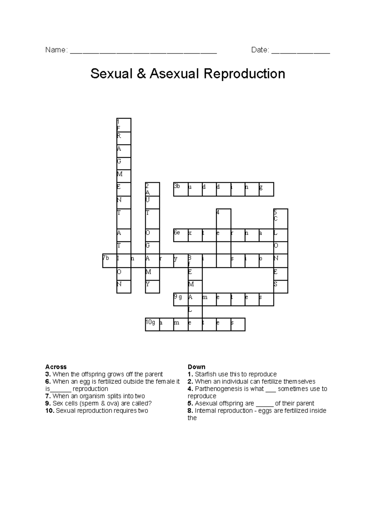 Sexual Asexual Reproduction Puzzle - Name ...