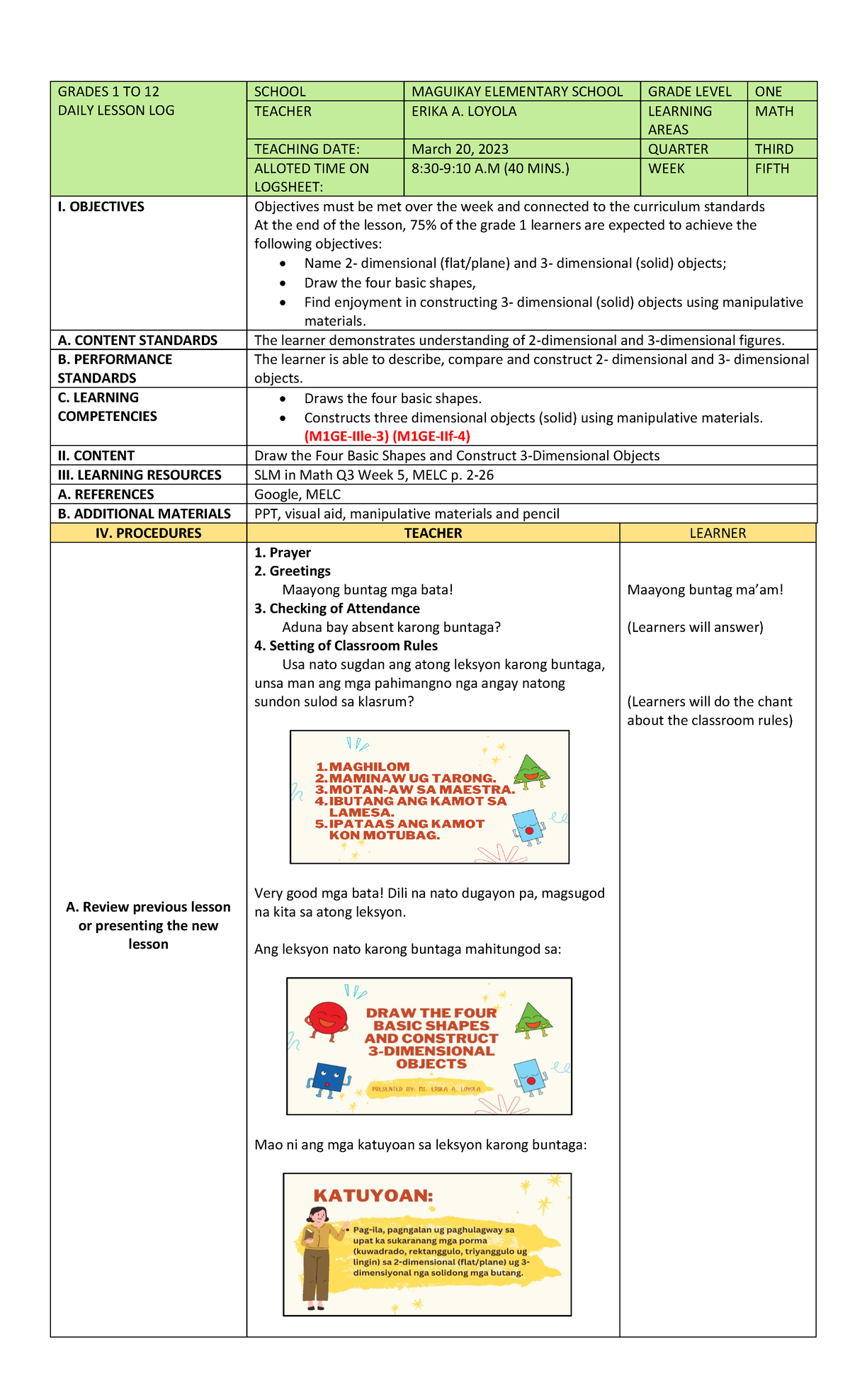 DLP in Math Grade 1 - GRADES 1 TO 12 DAILY LESSON LOG SCHOOL MAGUIKAY ...