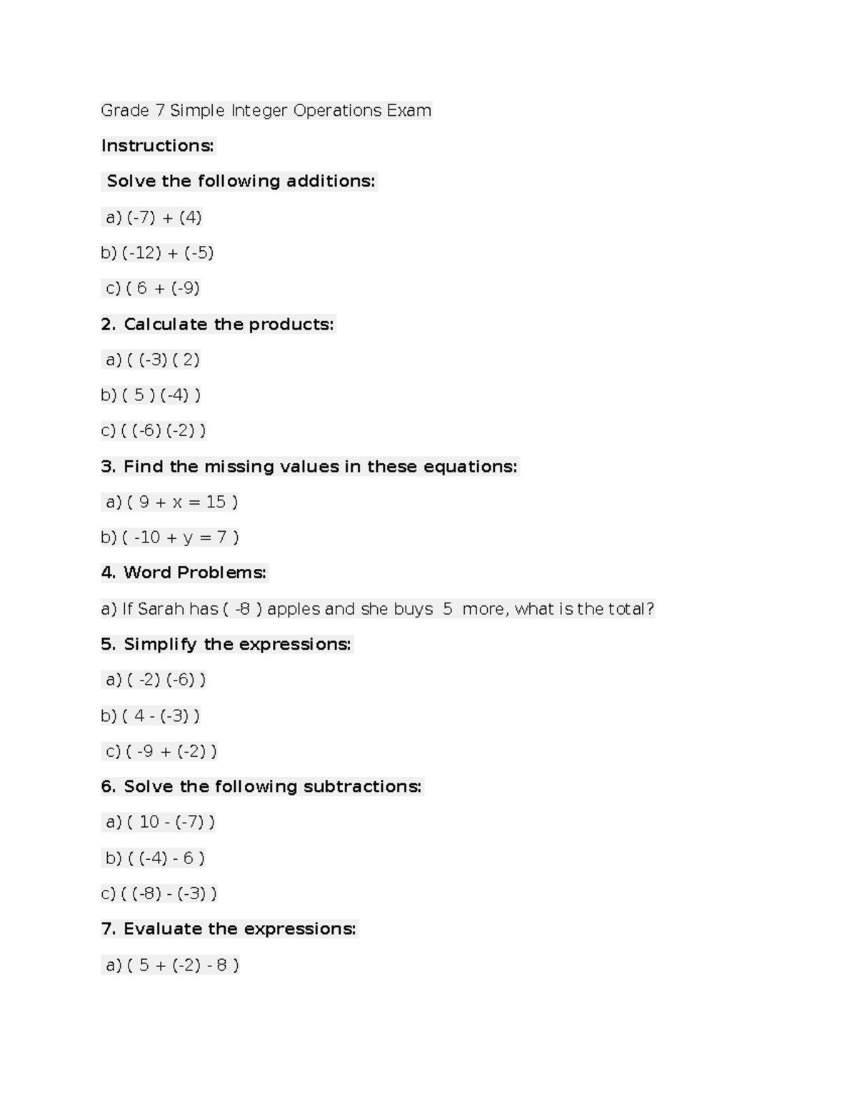 Grade 7 Simple Integer Operations Exam - Calculate the products: a ...