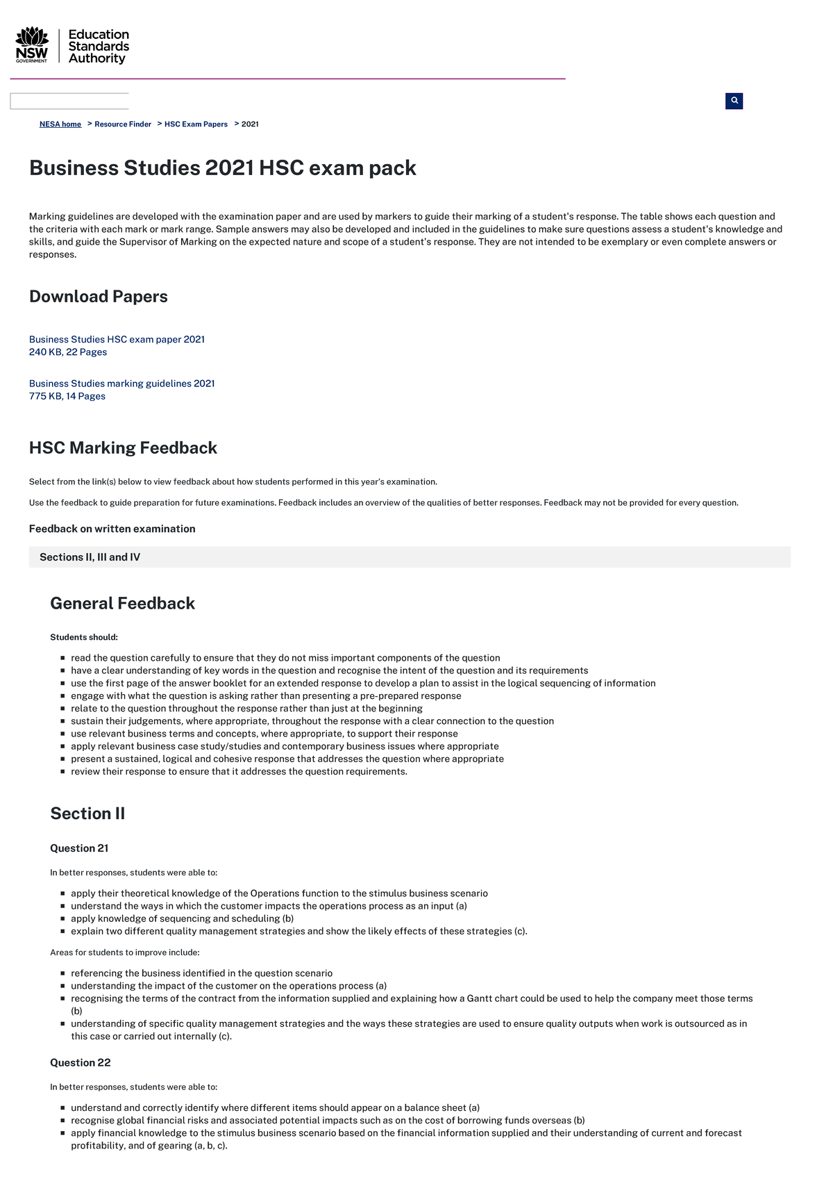 Business Studies 2021 HSC exam pack NSW Education Standards - NESA home ...