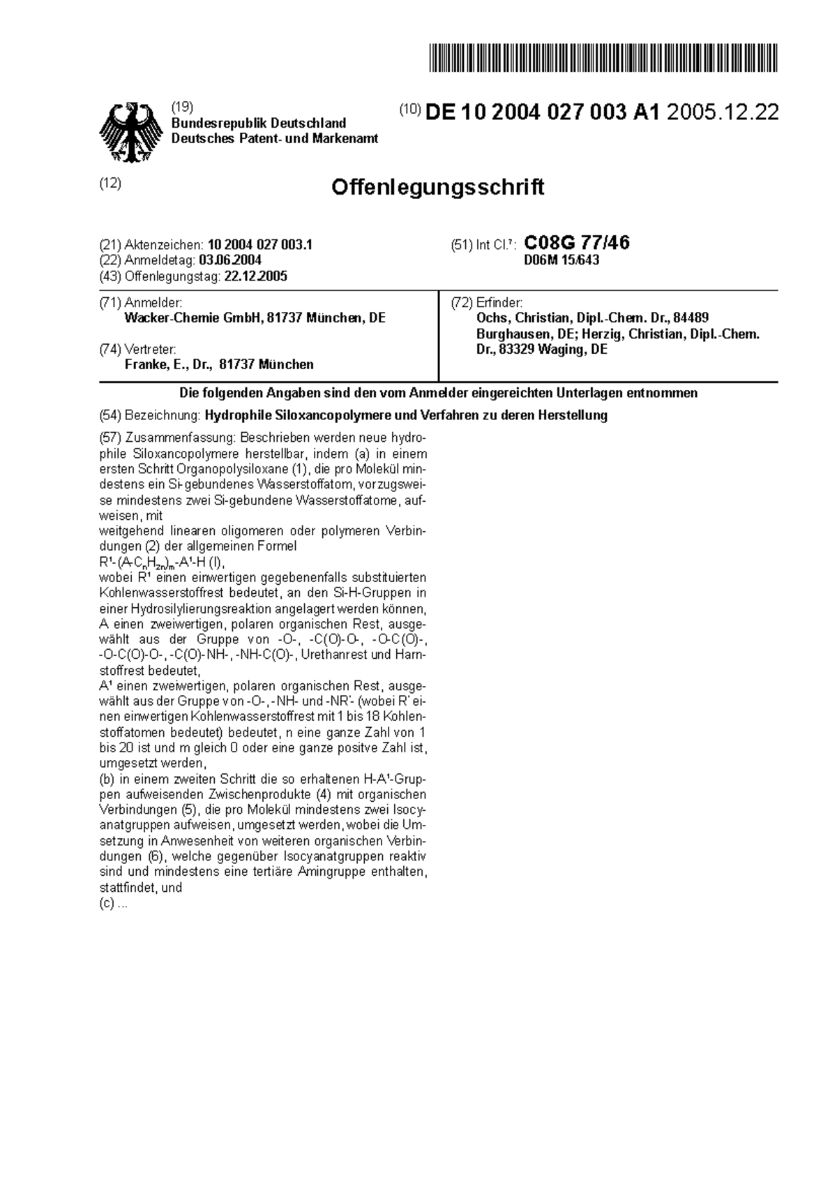DE102004 027003 A1 - 223 - fl (19) Bundesrepublik Deutschland Deutsches ...