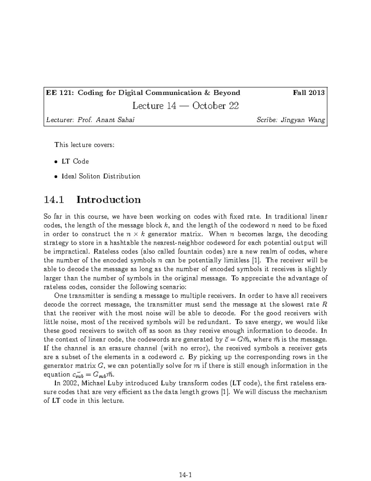 LT codes lec14 - these are books for the course digital communication - EE 121: Coding for ...