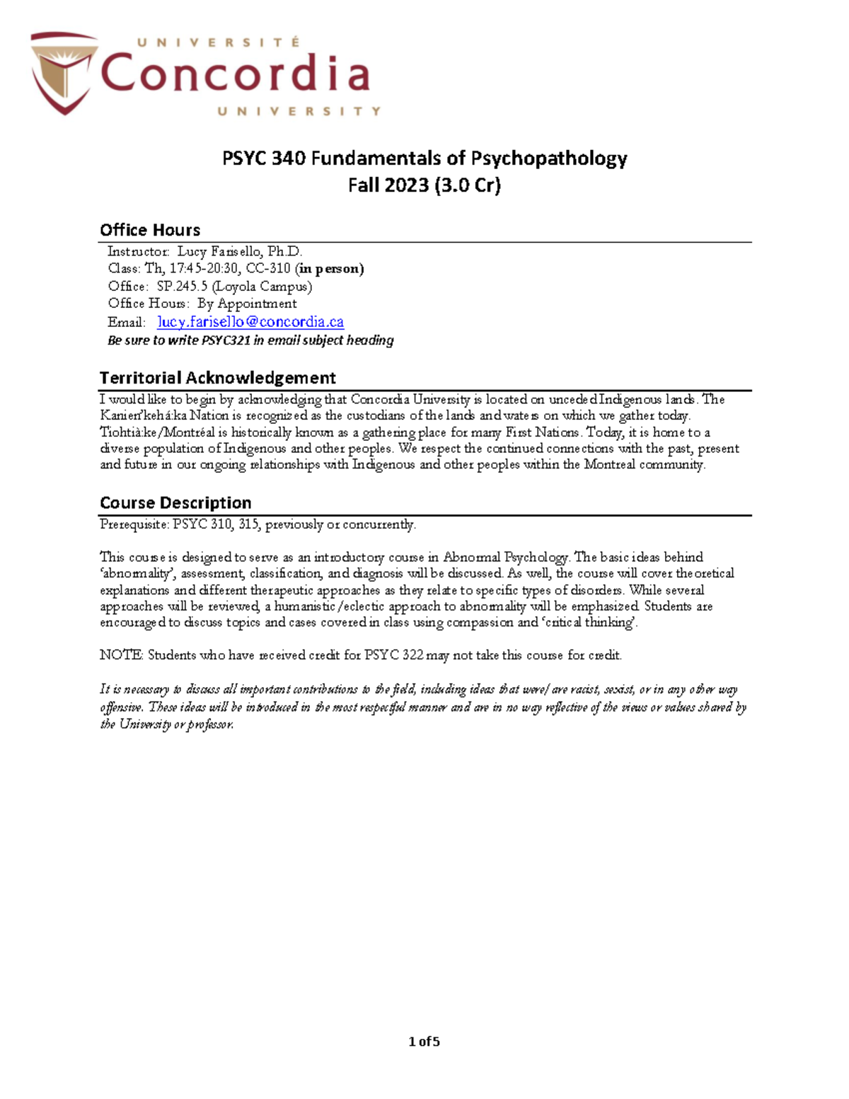 PSYC 340 course outline syllabus Lucy Farisello - PSYC 340 Fundamentals ...