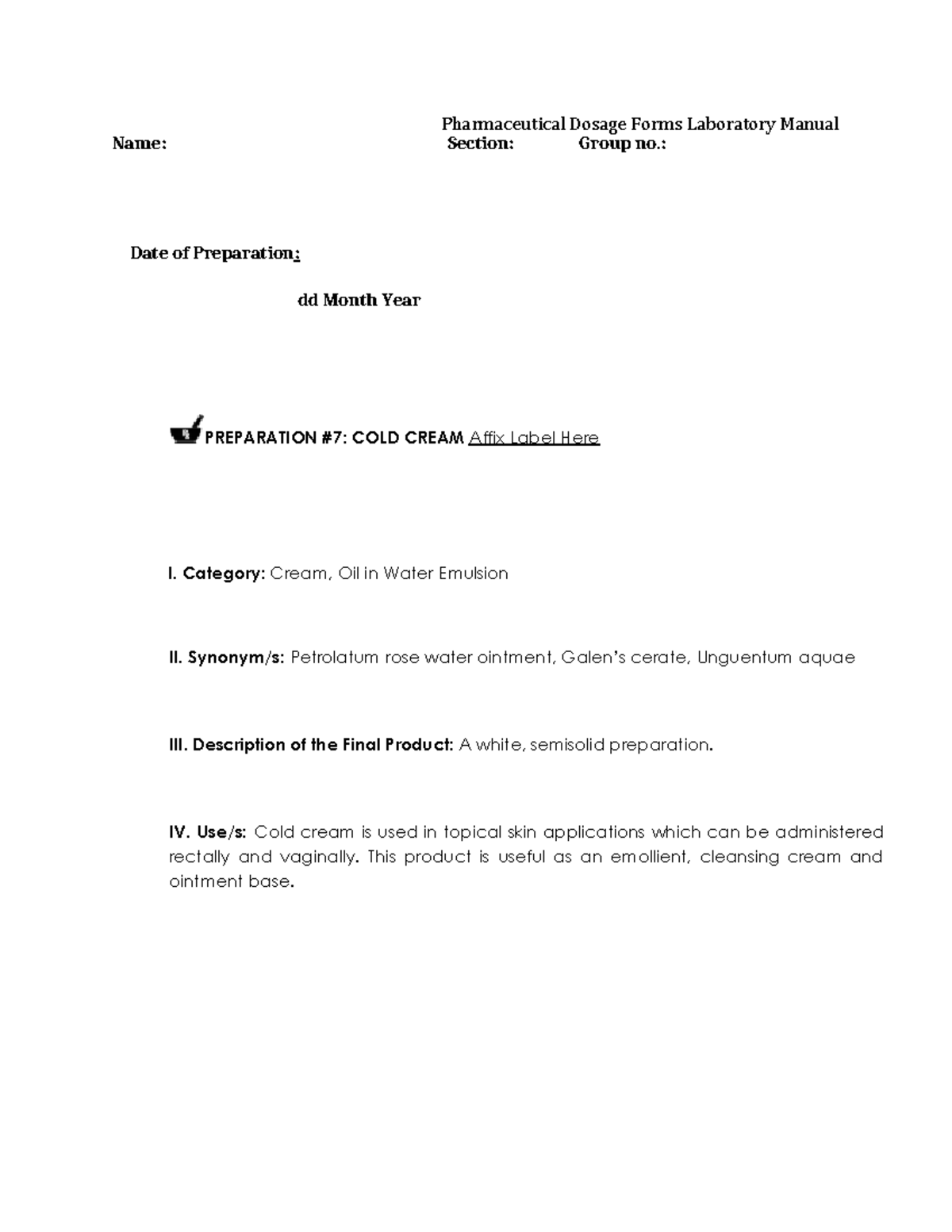 Preparation #7 COLD Cream Data Sheet - Name: Pharmaceutical Dosage ...