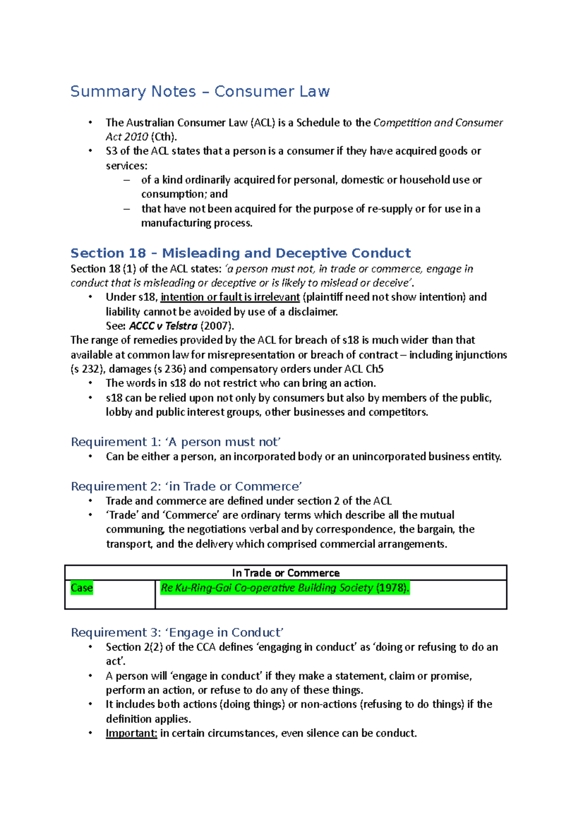 Summary Notes - Consumer Law - Summary Notes – Consumer Law The ...