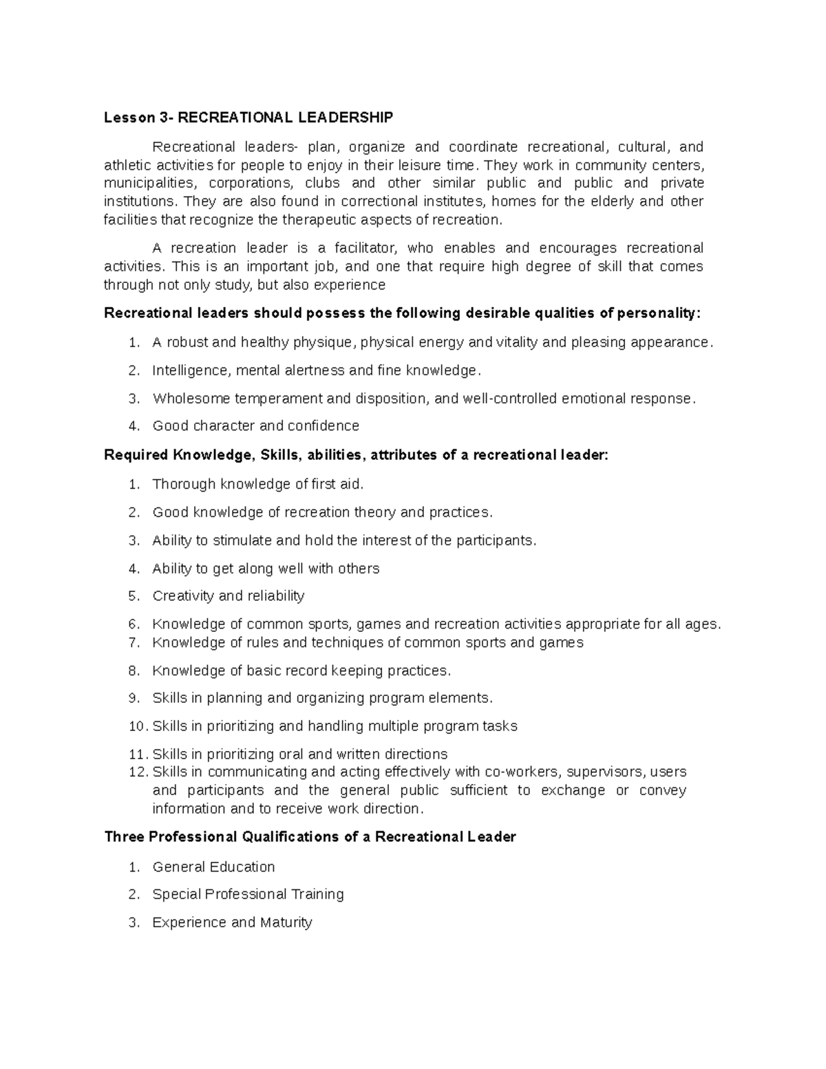 Lesson 3- Recreational Leadership - Lesson 3- RECREATIONAL LEADERSHIP ...