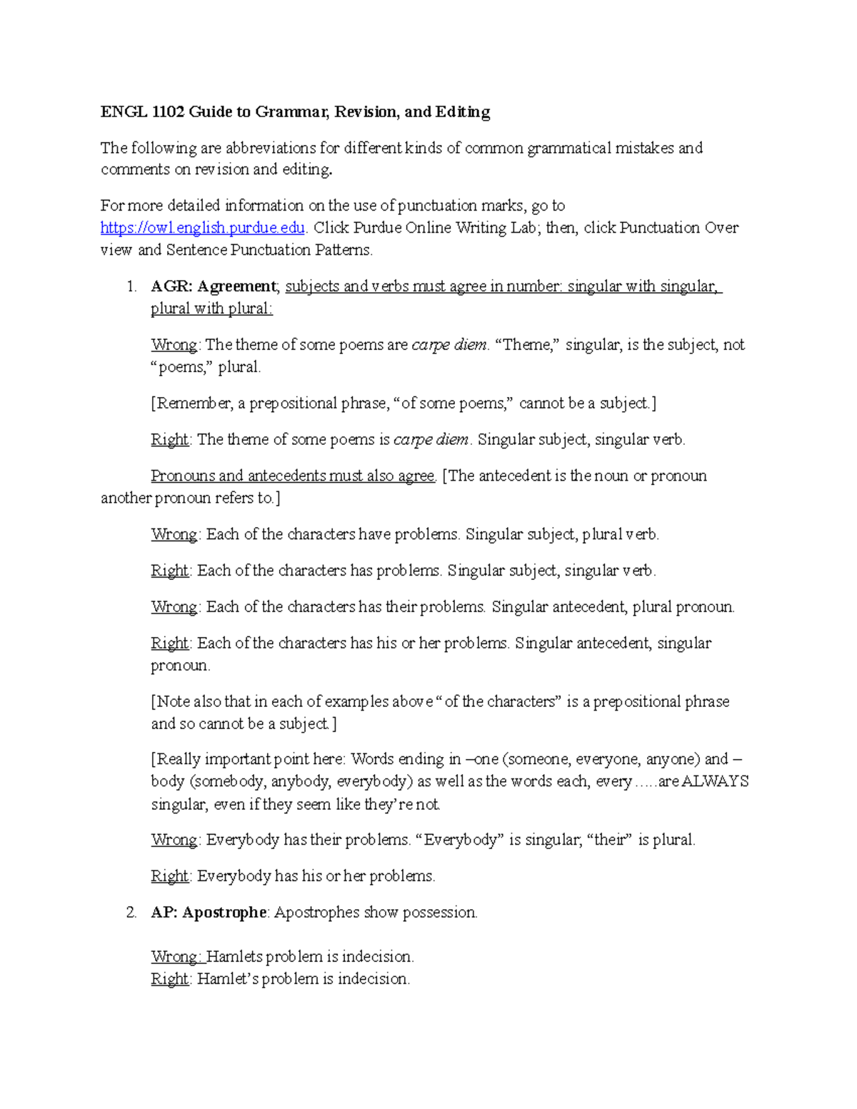 ENGL 1101 Guide to Revision and Editing - ENGL 1102 Guide to Grammar ...