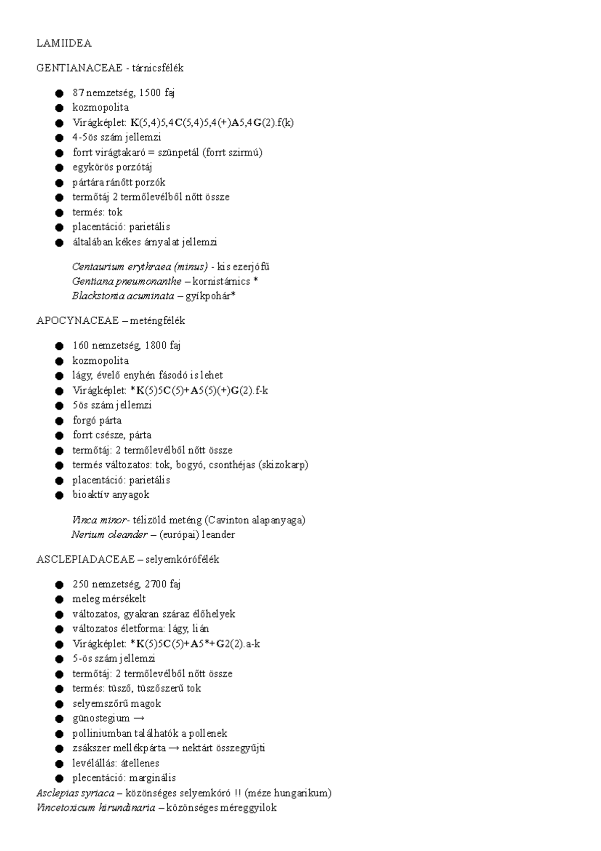 Lamiidae kidolgozás - LAMIIDEA GENTIANACEAE - tárnicsfélék 87 nemzetség ...