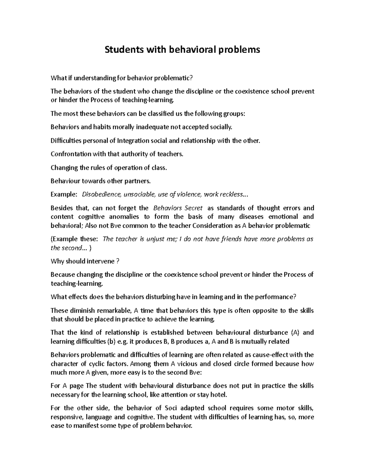 Students with behavioral problems - The most these behaviors can be ...