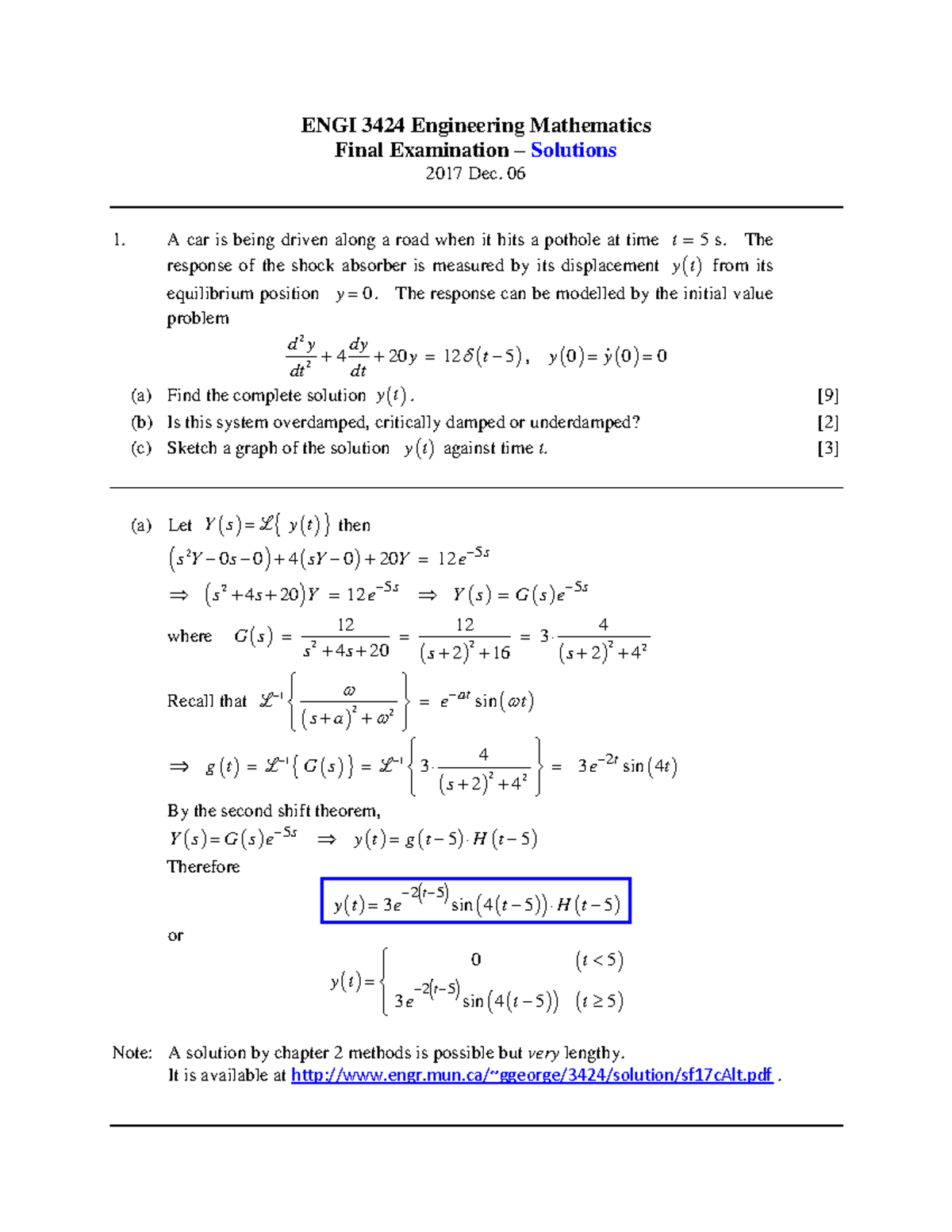Final 2017, questions and answers - ENGI 3424 Engineering Mathematics ...