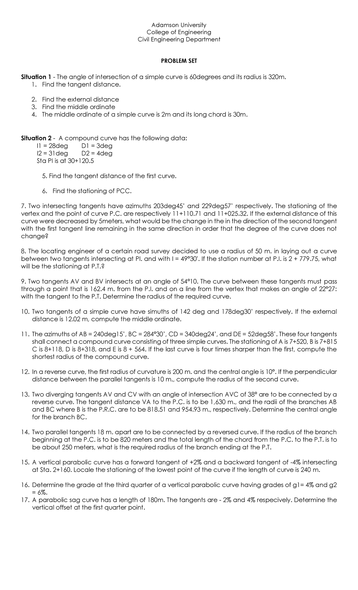 Practice Problems - Curves - Adamson University College of Engineering ...