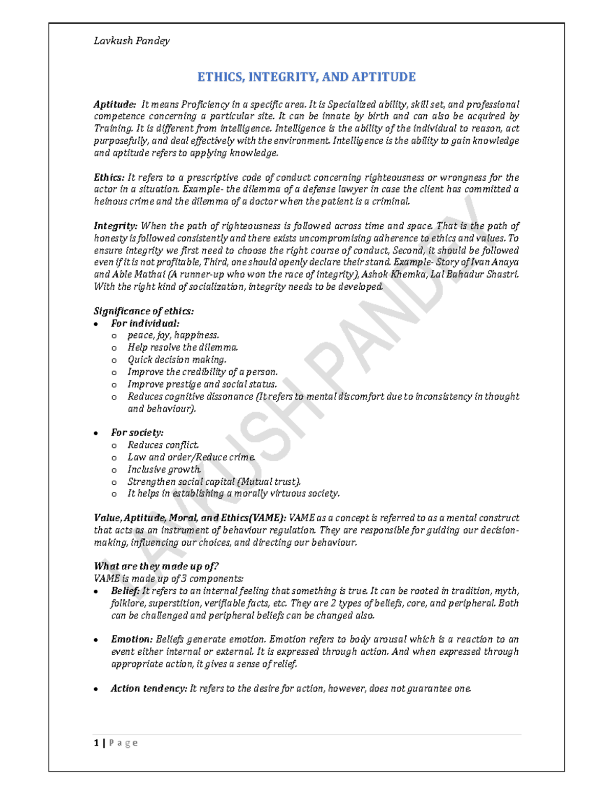 Ethics notes - Lavkush Pandey - ETHICS, INTEGRITY, AND APTITUDE ...