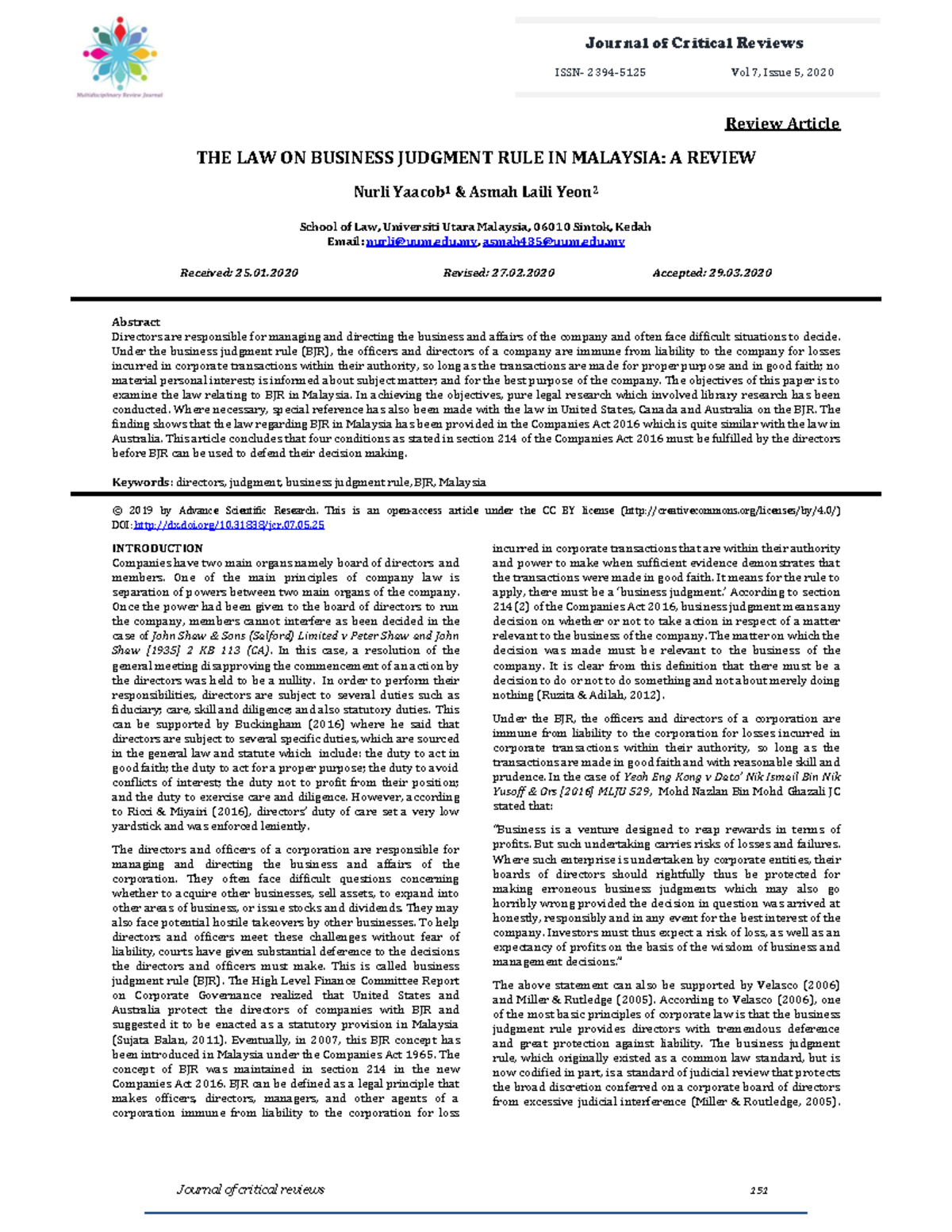 Business Judgement Rule - Directors duty - Journal of Critical Reviews ...