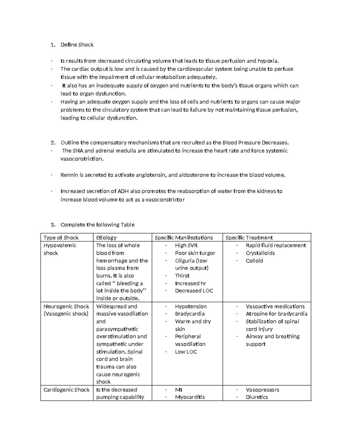 Pre-Class assignment 1- Shock - Define Shock Is results from decreased circulating volume that ...