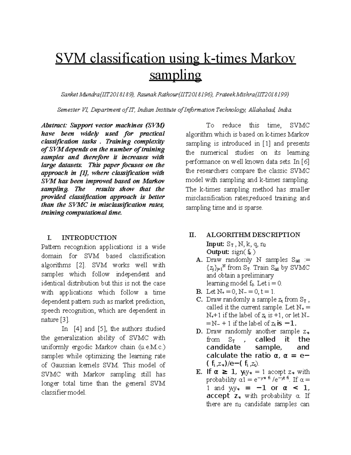 Report 1 - Paper on SVM Classification - SVM classification using k-times Markov sampling Sanket ...