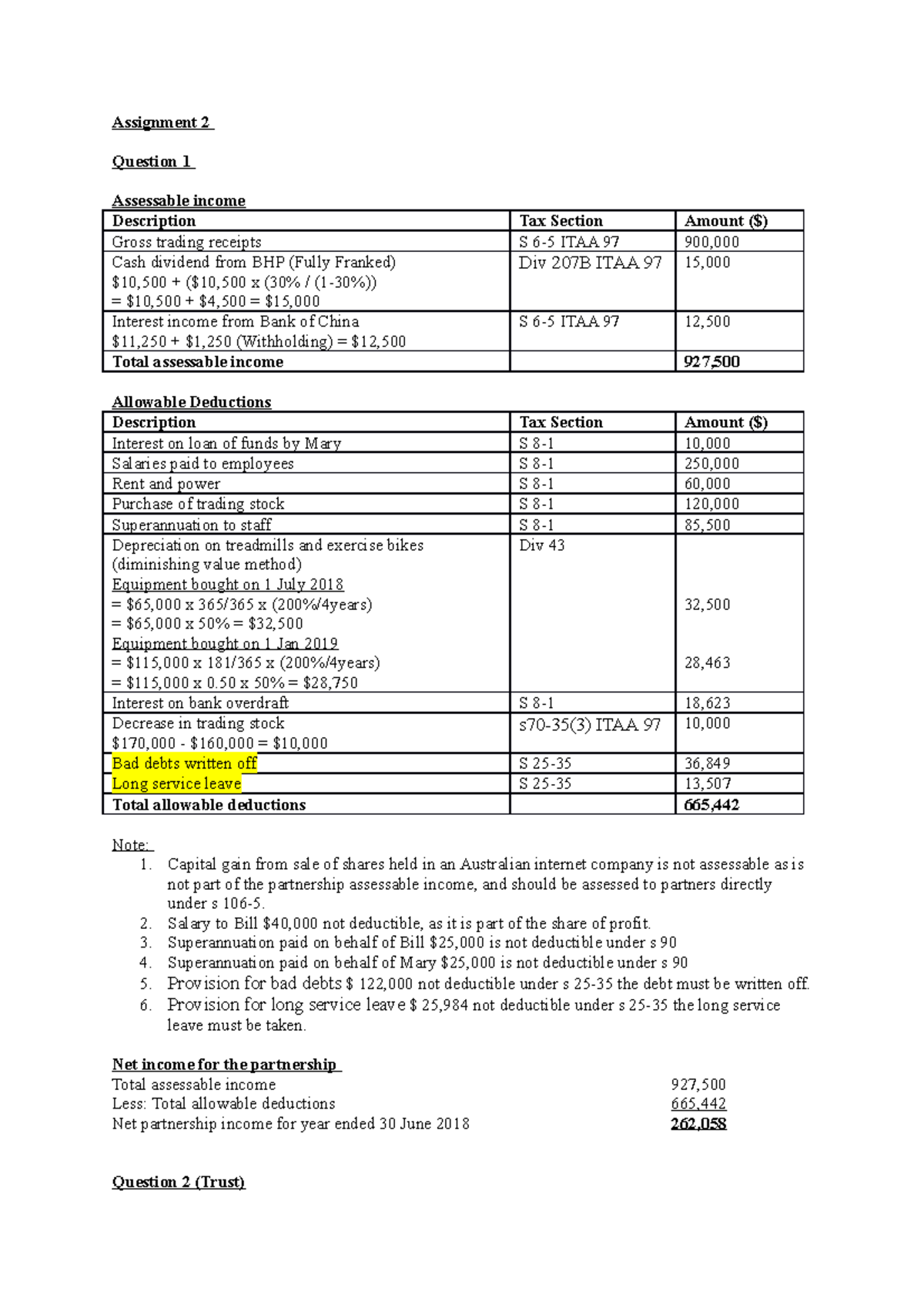 714 assignment 2 draft 2 - Assignment 2 Question 1 Assessable income ...