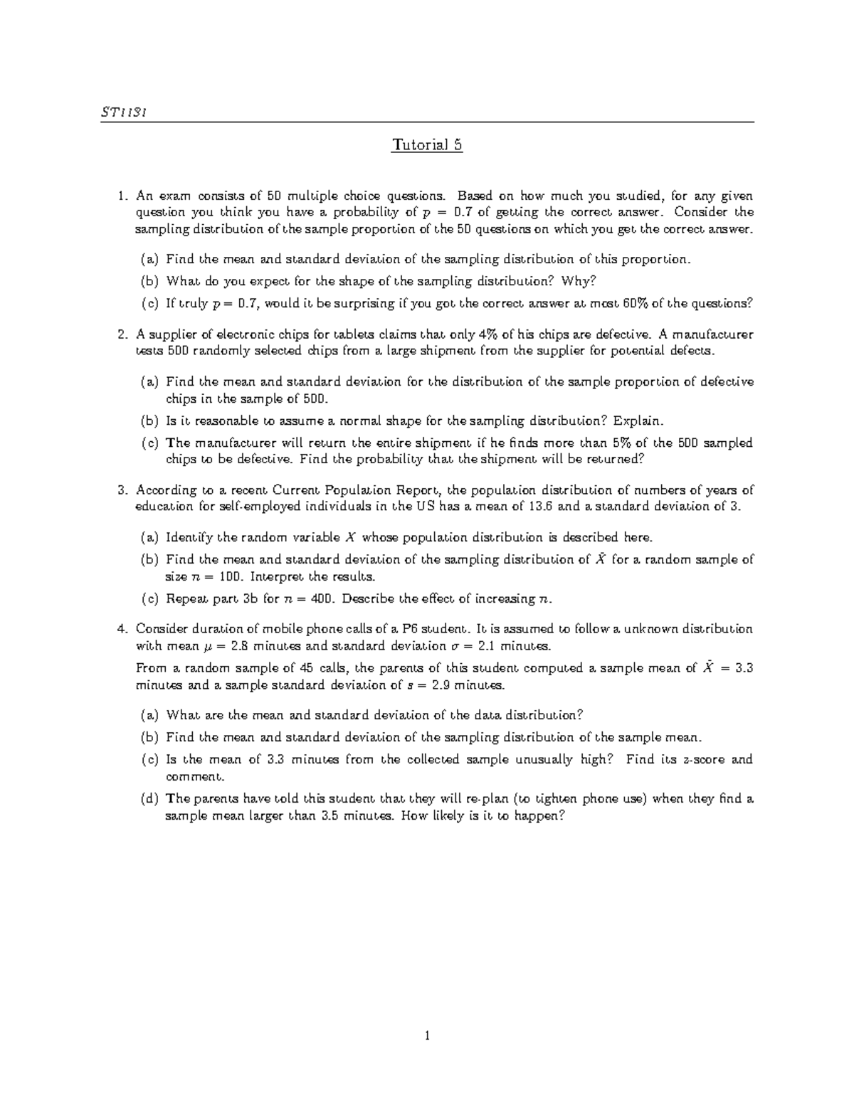 ST1131 Tutorial 05 question set - ST Tutorial 5 An exam consists of 50 multiple choice questions ...