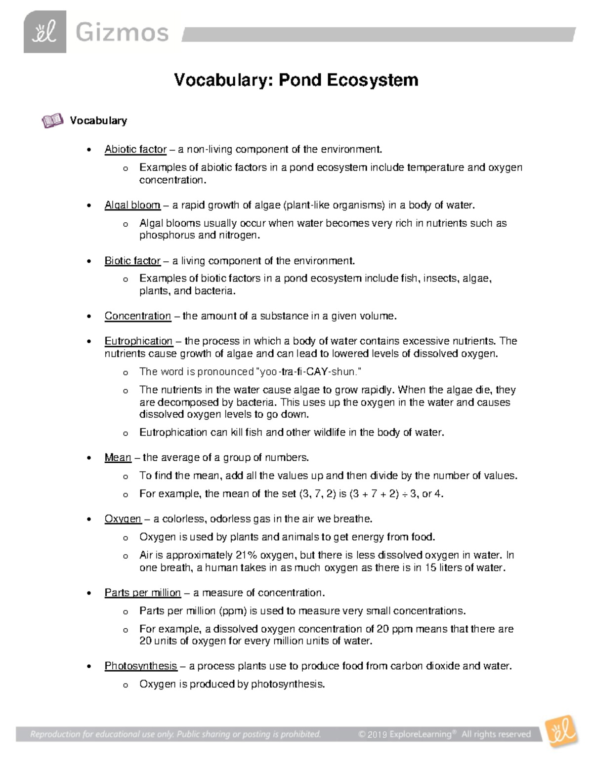 Pond Ecosystem Vocab - Use this for your gizmos - 2019 Vocabulary: Pond ...