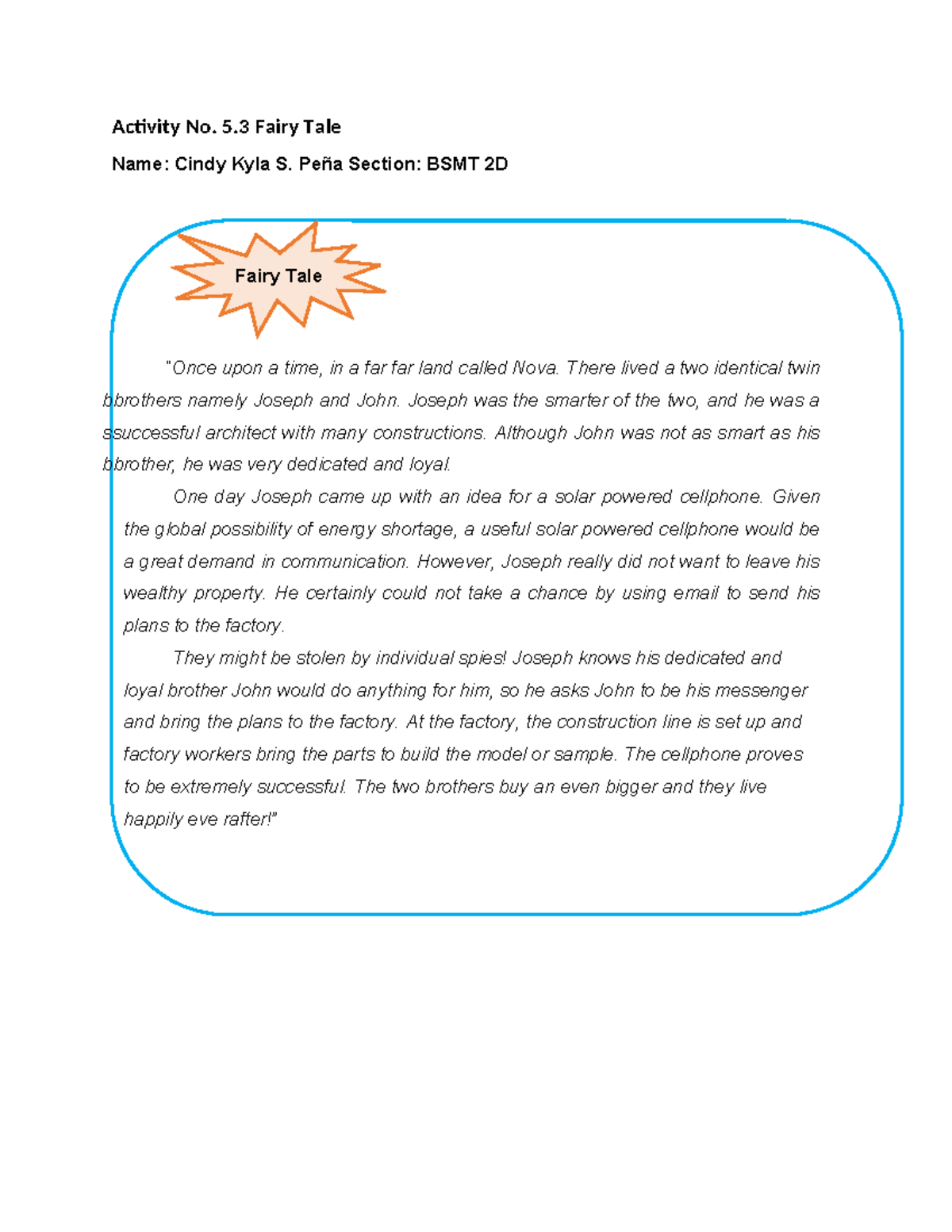 Activity No. 5.3 Fairy Tale - Activity No. 5 Fairy Tale Name: Cindy ...