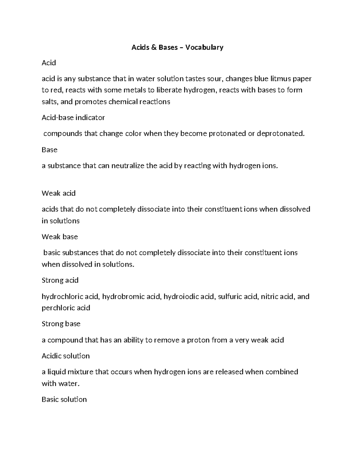 Acids and Bases Vocabulary - Acids & Bases – Vocabulary Acid acid is ...