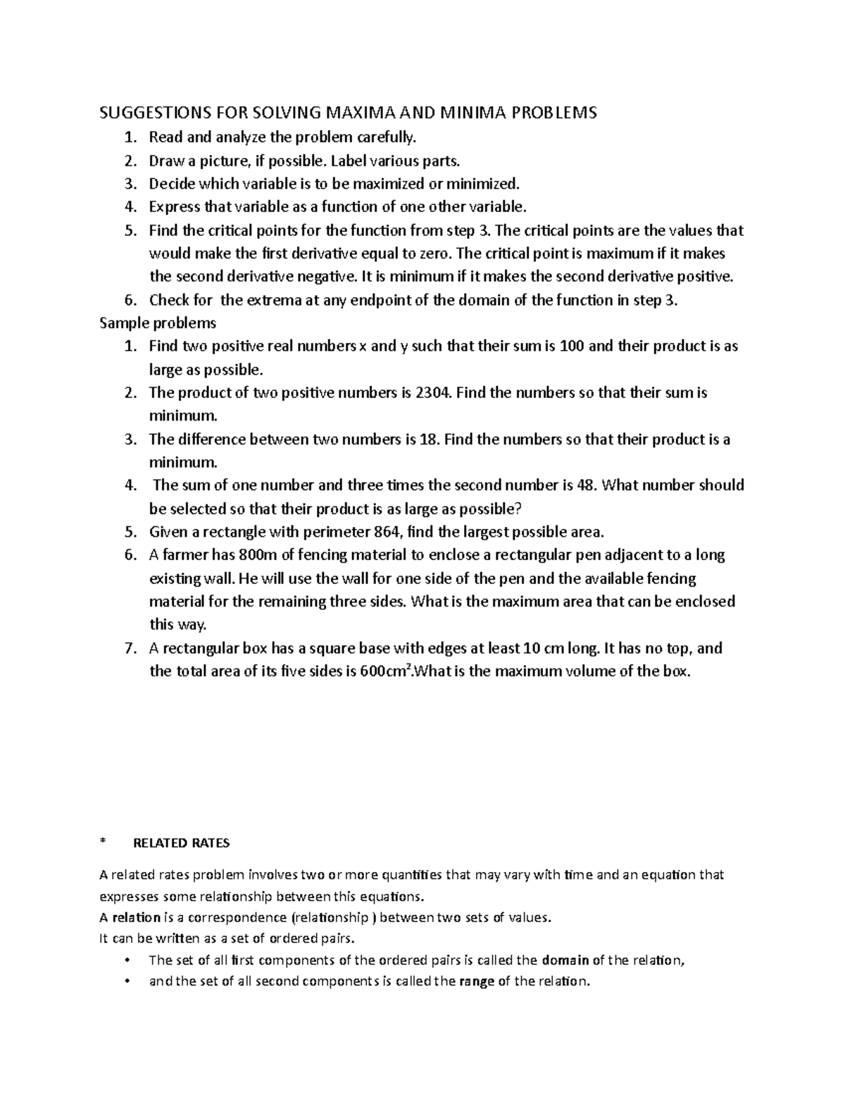 Suggestions FOR Solving Maxima AND Minima Problems - SUGGESTIONS FOR ...