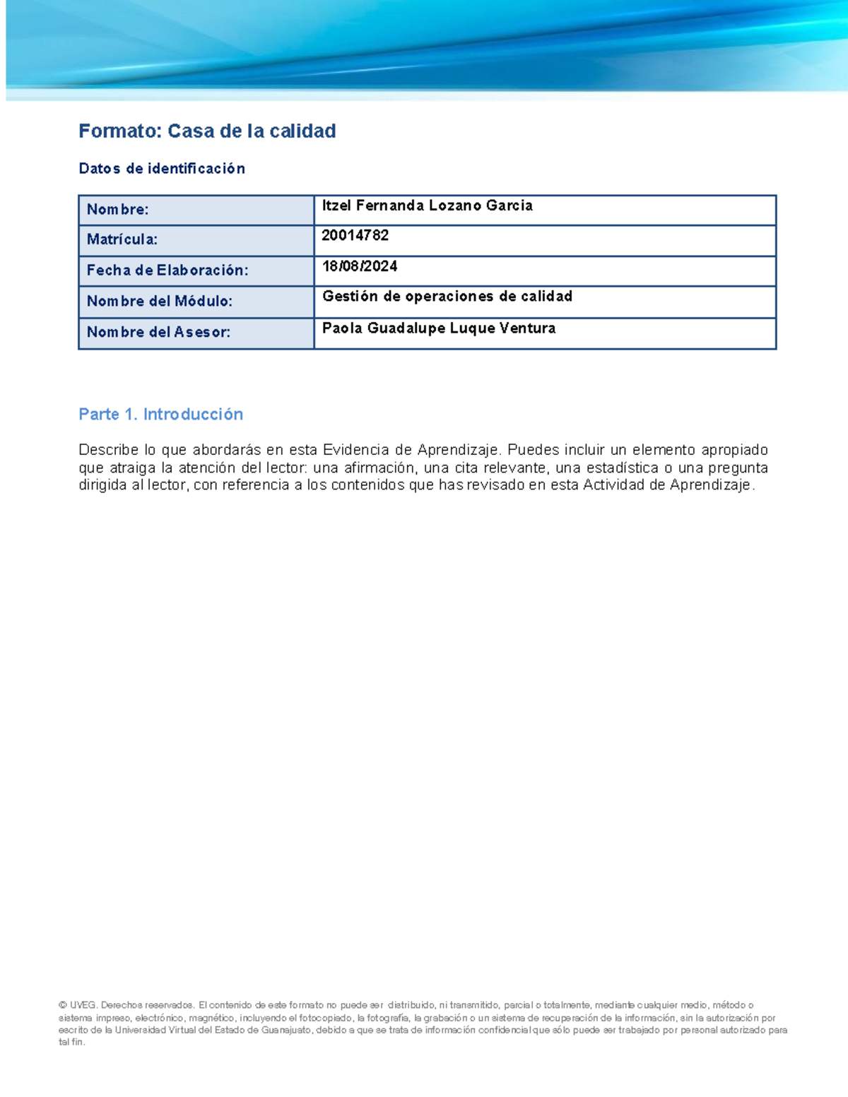 Itzel lozano casa calidad - Formato: Casa de la calidad Datos de ...