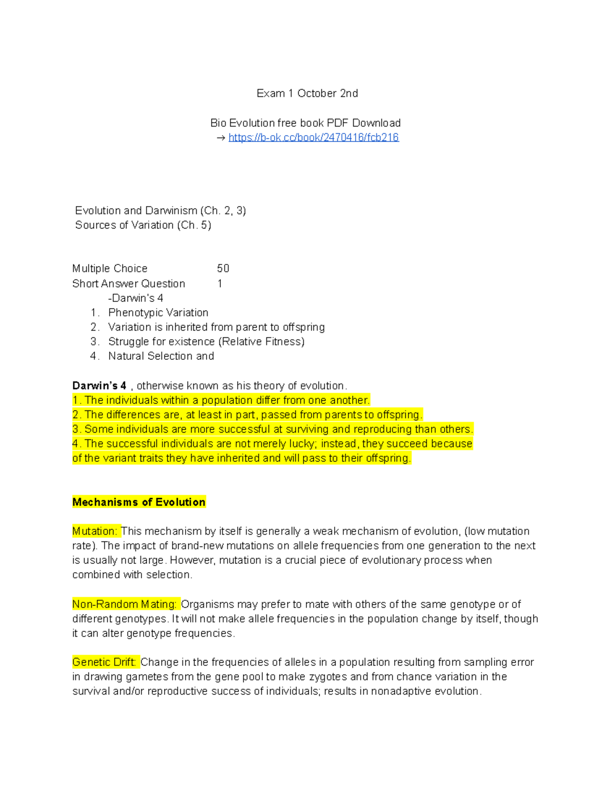 BIOL-Evolution Exams Study Guide - Exam 1 October 2nd Bio Evolution ...