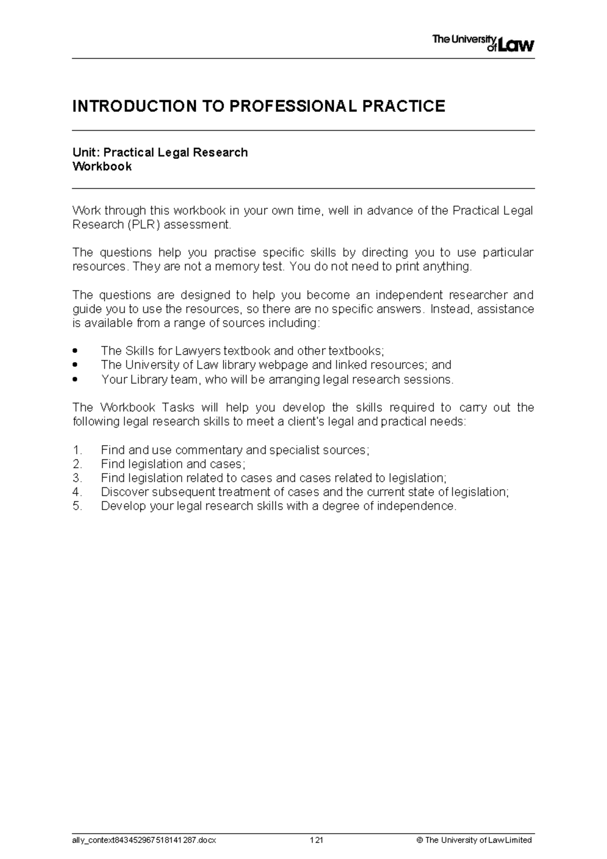 Workbook - INTRODUCTION TO PROFESSIONAL PRACTICE Unit: Practical Legal ...
