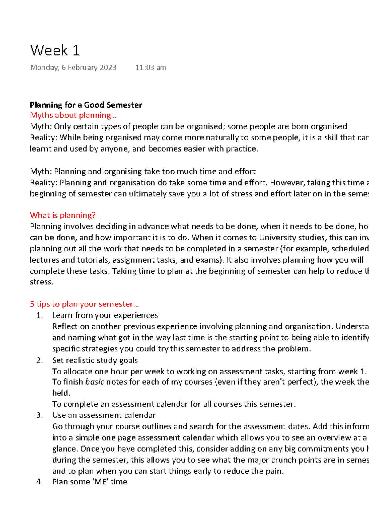 EDUC2196 - Week 1 - Week 1 Lecture Notes - Planning for a Good Semester ...
