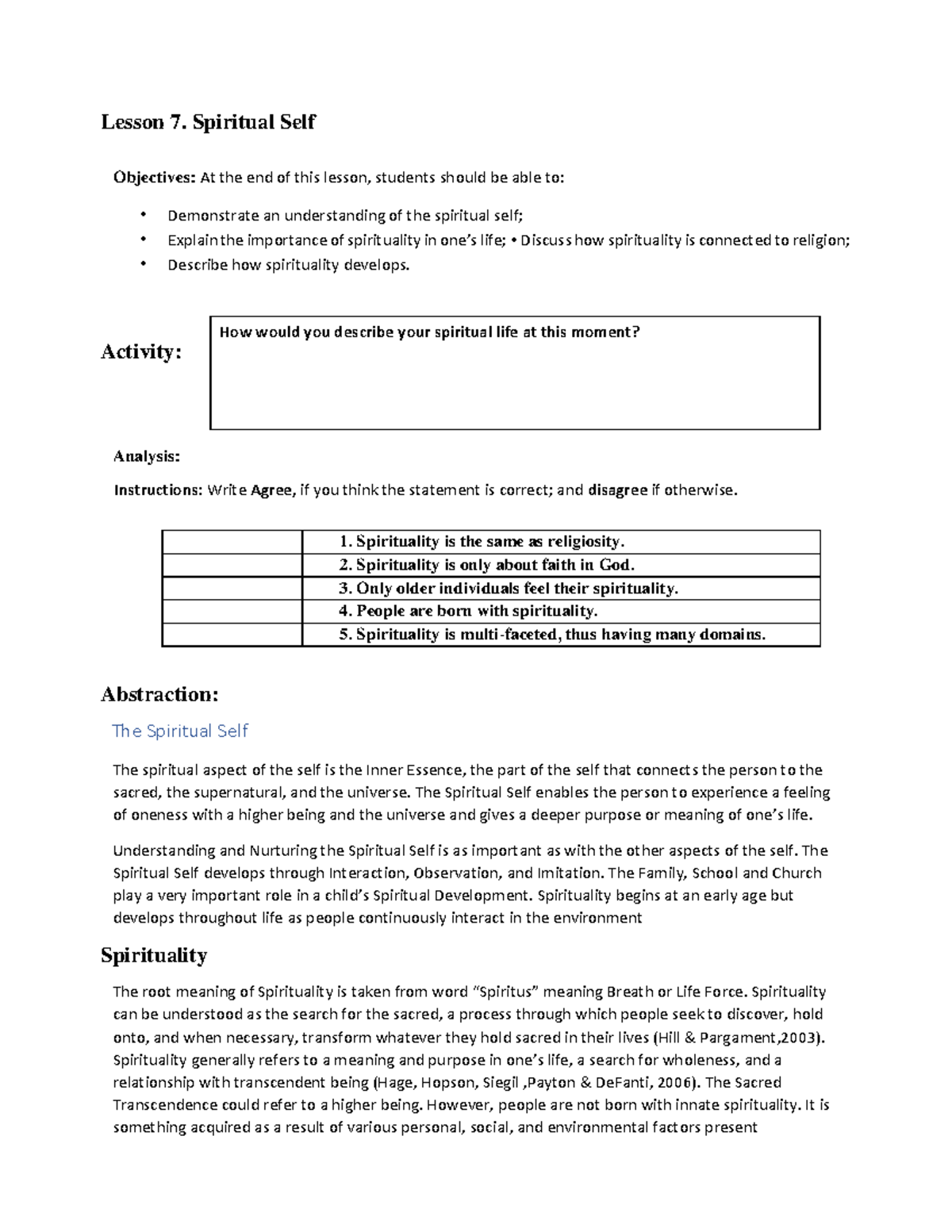 Lesson 7 The Spiritual Self - Lesson 7. Spiritual Self Objectives: At ...