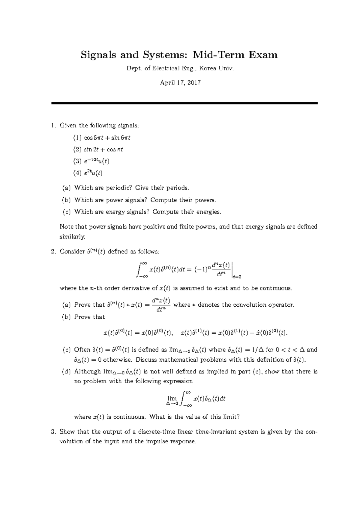 Sns 2017 중간 - 윤태웅 교수님 기출 - Signals and Systems: Mid-Term Exam Dept. of ...