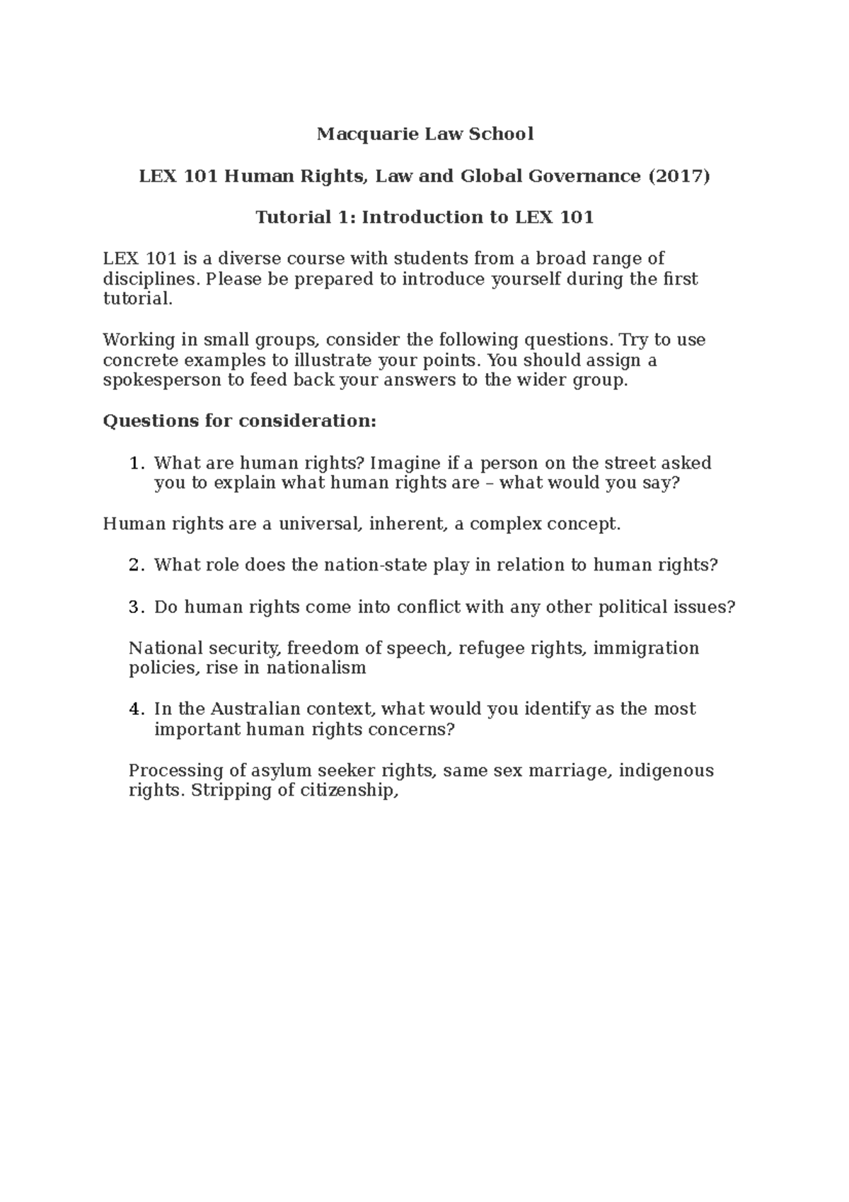 LEX 101 Tutorial 1 AB 2018 - Macquarie Law School LEX 101 Human Rights ...