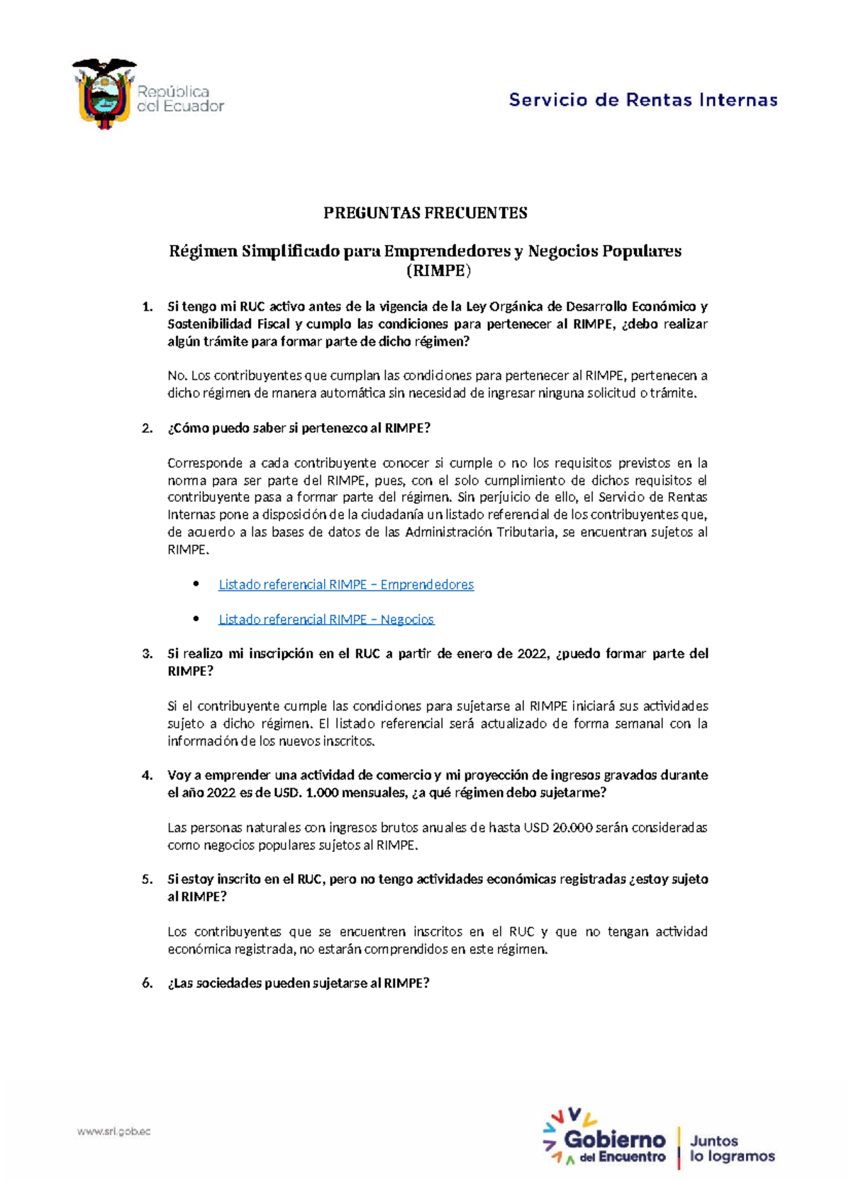 Rimpe - Preguntas frecuentes - PREGUNTAS FRECUENTES Régimen ...