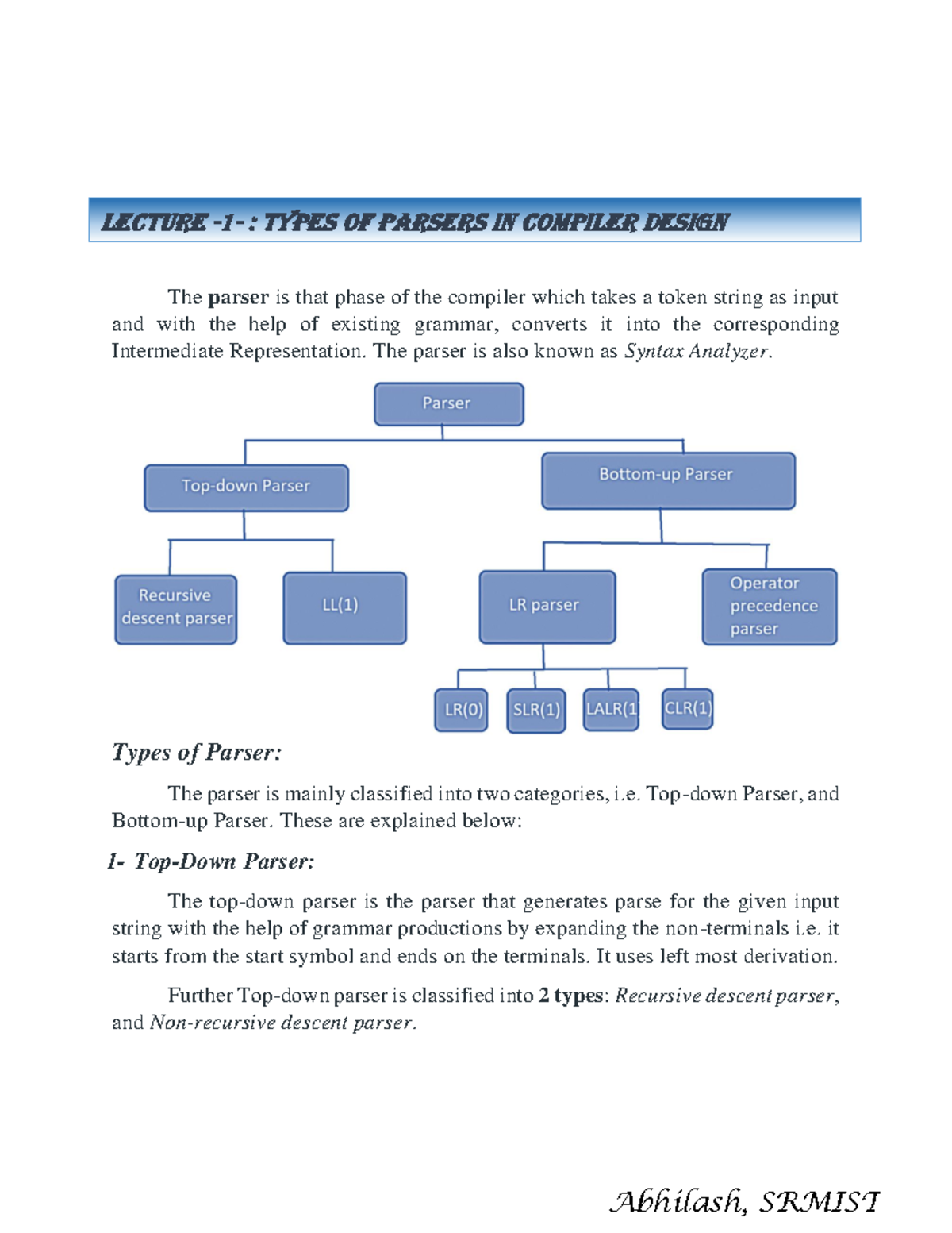 Intro-parsing -Top-down Bottom-Up - The parser is that phase of the ...