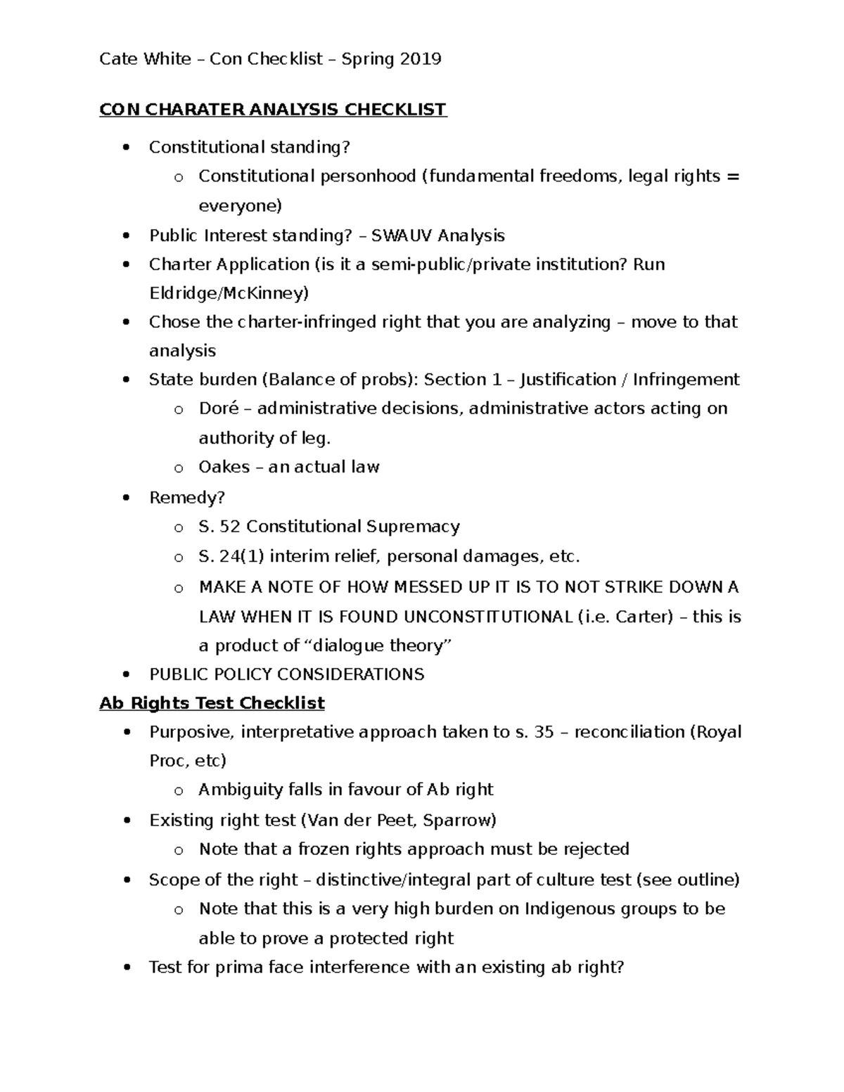 White - Law 100 - Cochran - Spring 2019 - Charter Analysis Checklist ...