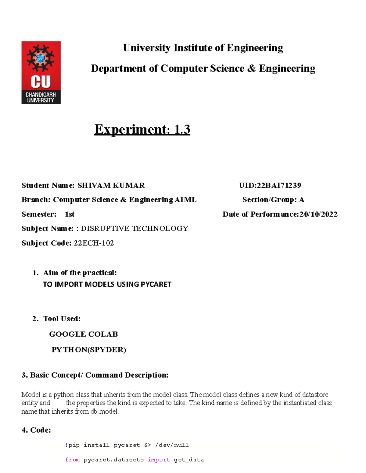 DT(1.3) Shivam Worksheet - Department of Computer Science & Engineering Experiment : 1. Student ...