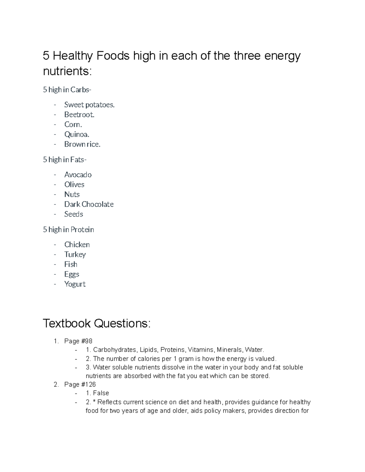 Textbook questions - 5 Healthy Foods high in each of the three energy ...