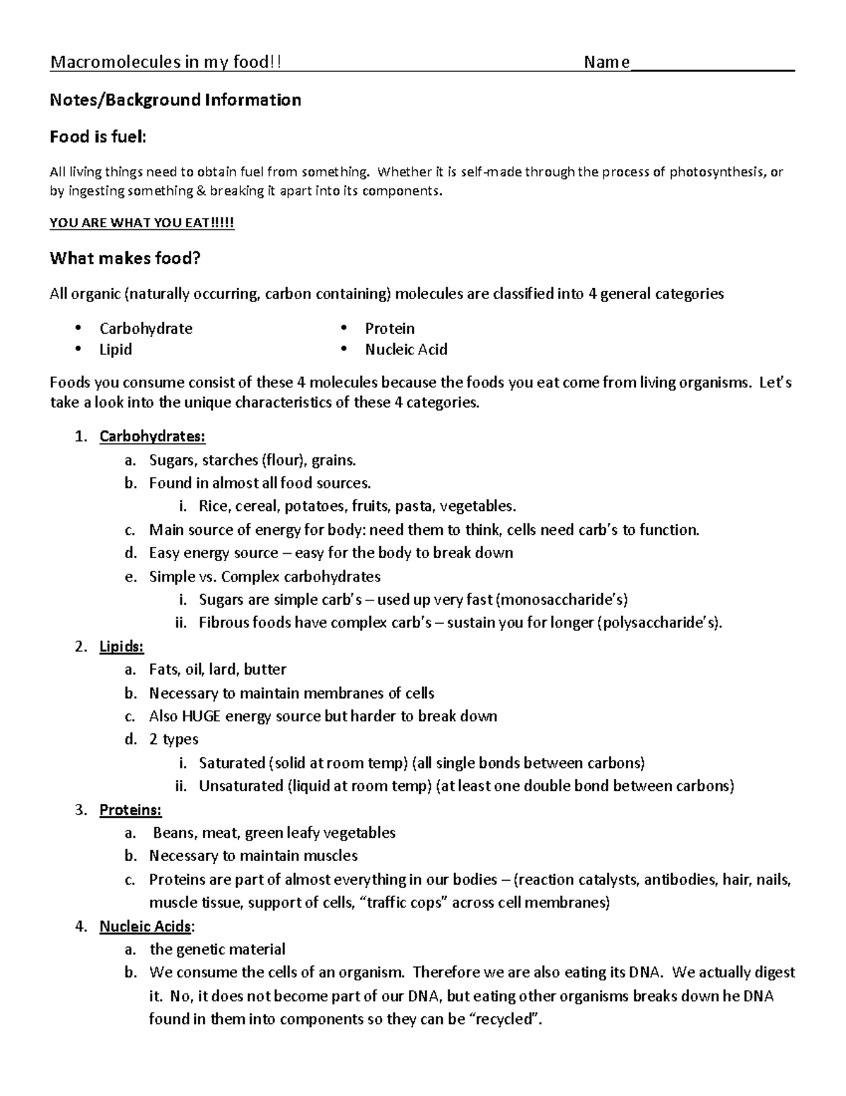 Biomolecules in my food - Macromolecules in my food!! Name ...