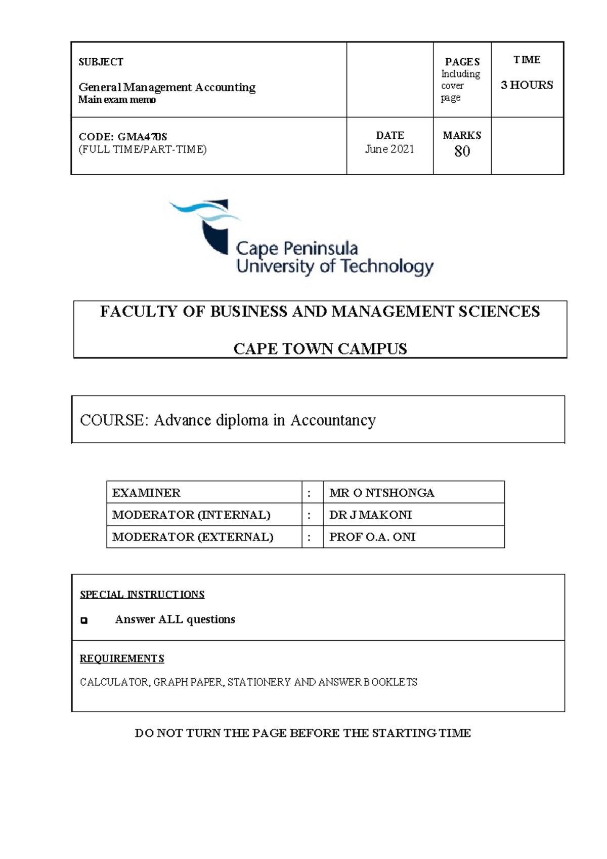JUNE 2021 MAIN EXAM - MEMO - SUBJECT General Management Accounting Main ...