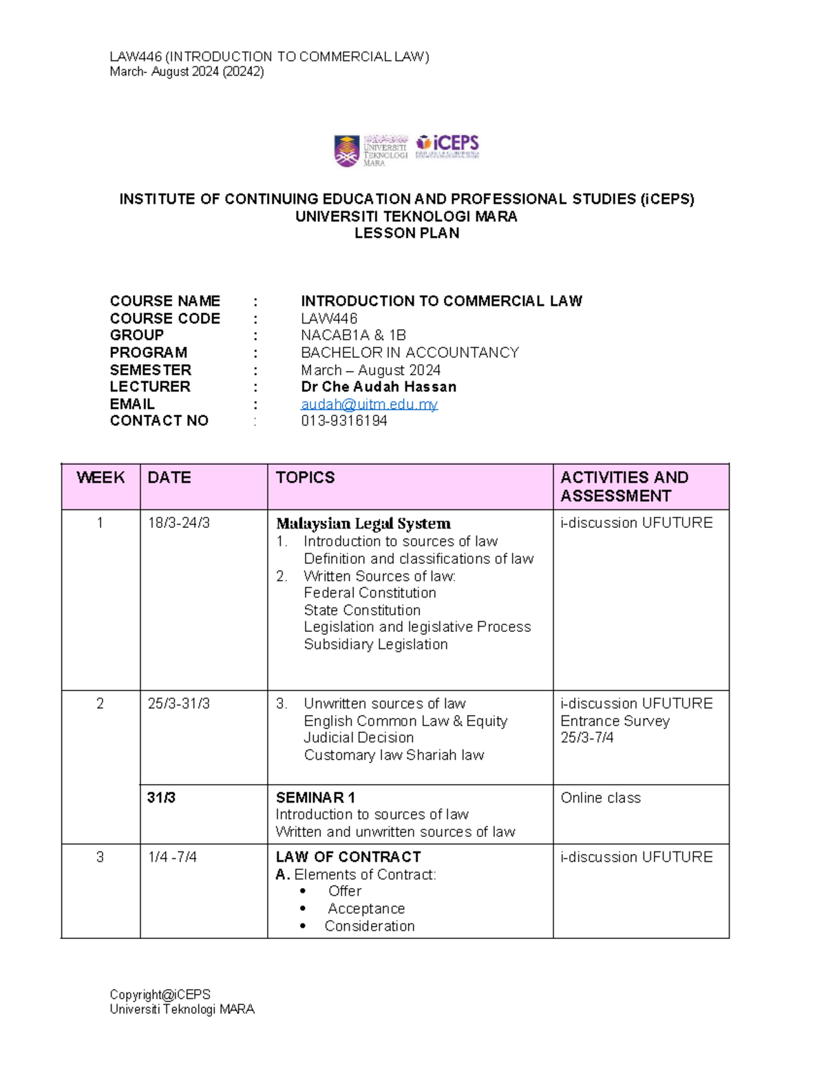 Lesson PLAN FOR SEM march-august 2024 - March- August 2024 (20242 ...