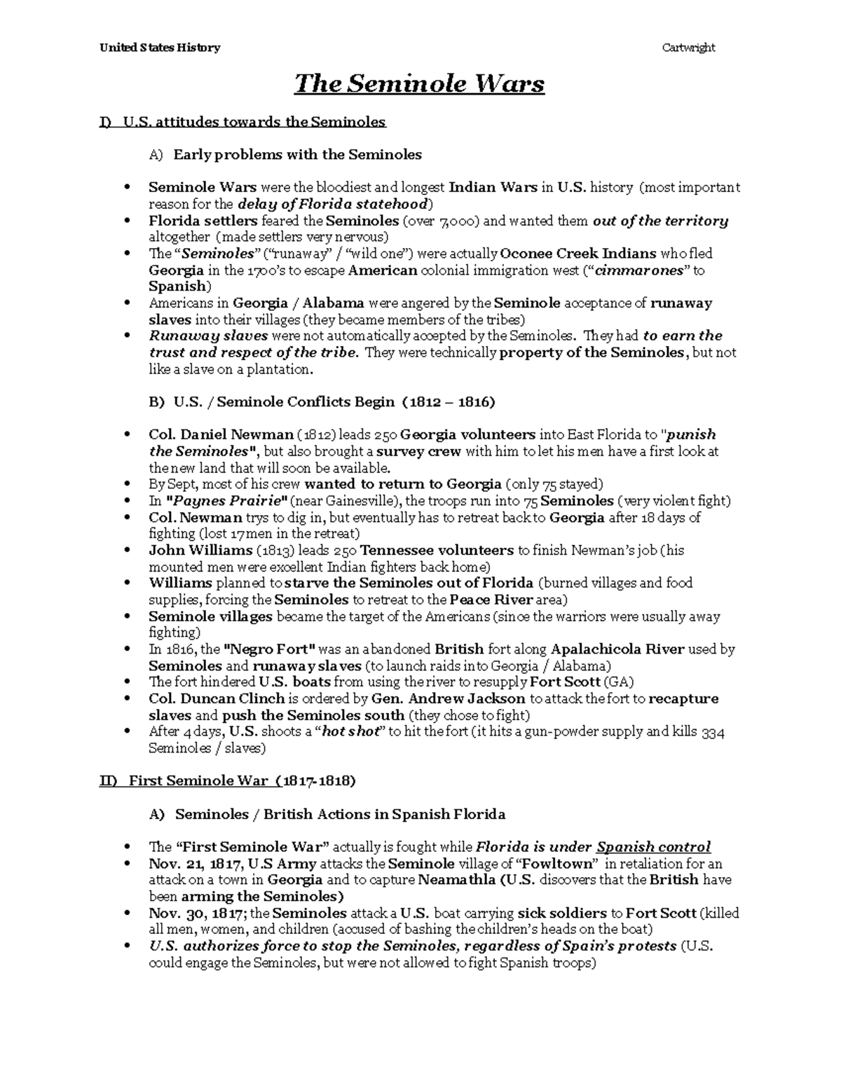 The Seminole Wars Notes 2122 - United States History Cartwright The ...