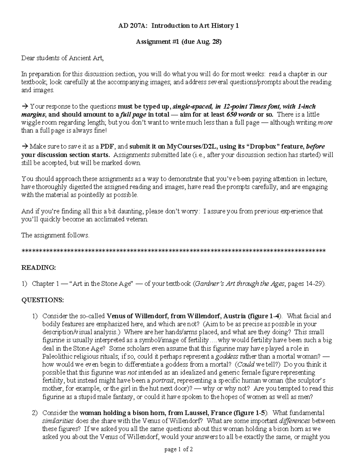 Assignment #1 (due Aug. 28) - Art in the Stone Age - page 1 of 2 AD ...