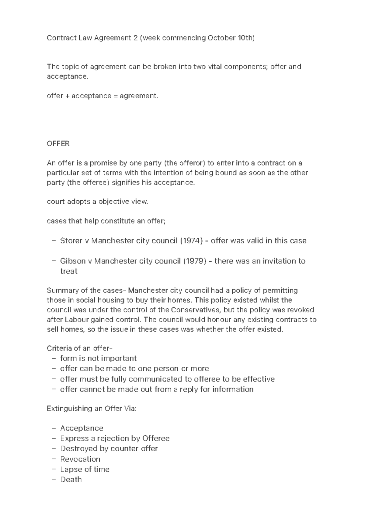 Contract Law Agreement 2 (week commencing October 10th) - offer ...