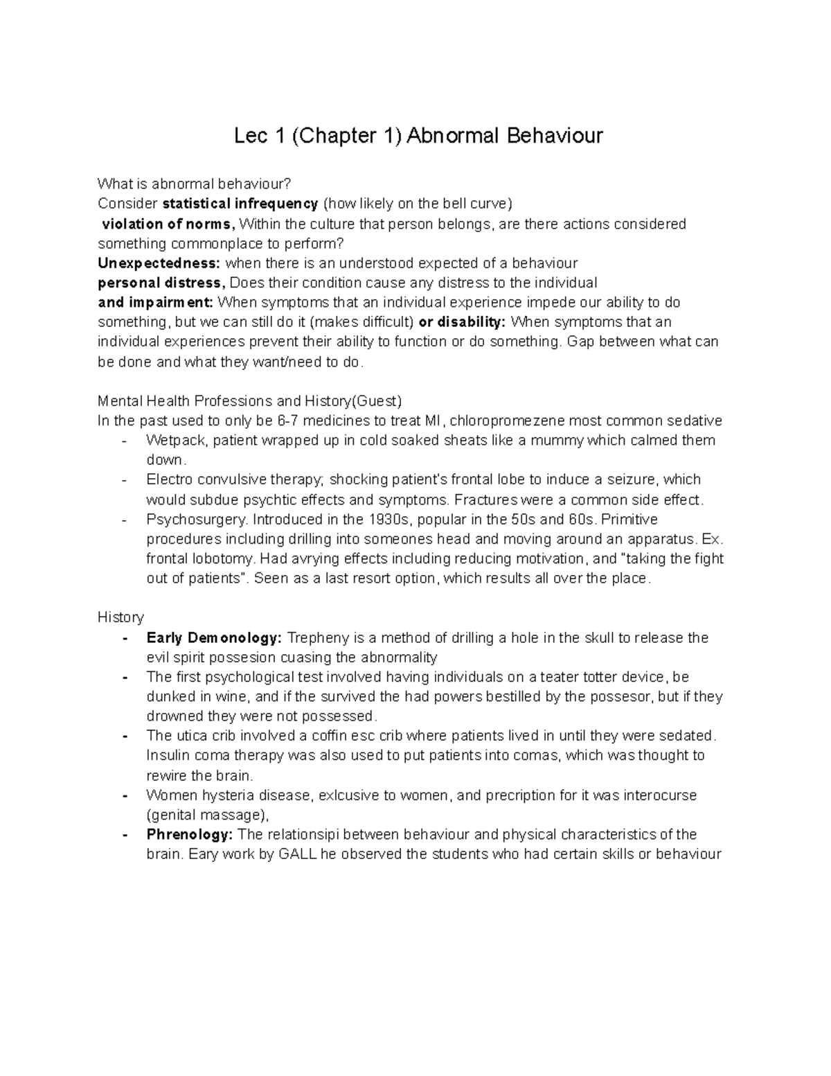 Clinical Psychology Notes PSYB32 - Lec 1 (Chapter 1) Abnormal Behaviour ...